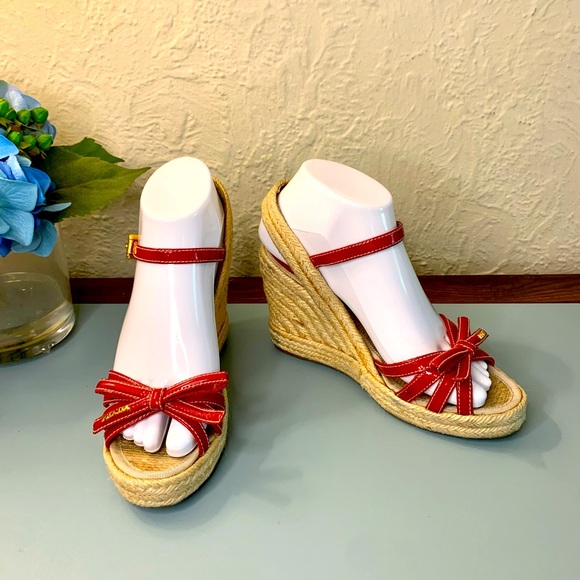 Prada | Shoes | Prada Patent Leather Red Espadrille Wedge Heels | Poshmark